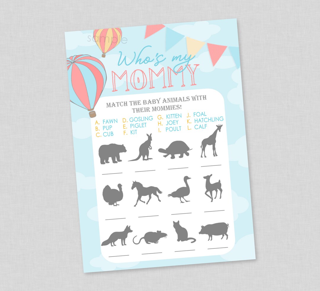 Hot Air Balloon Baby Animal Match Shower Game - INSTANT DOWNLOAD ...