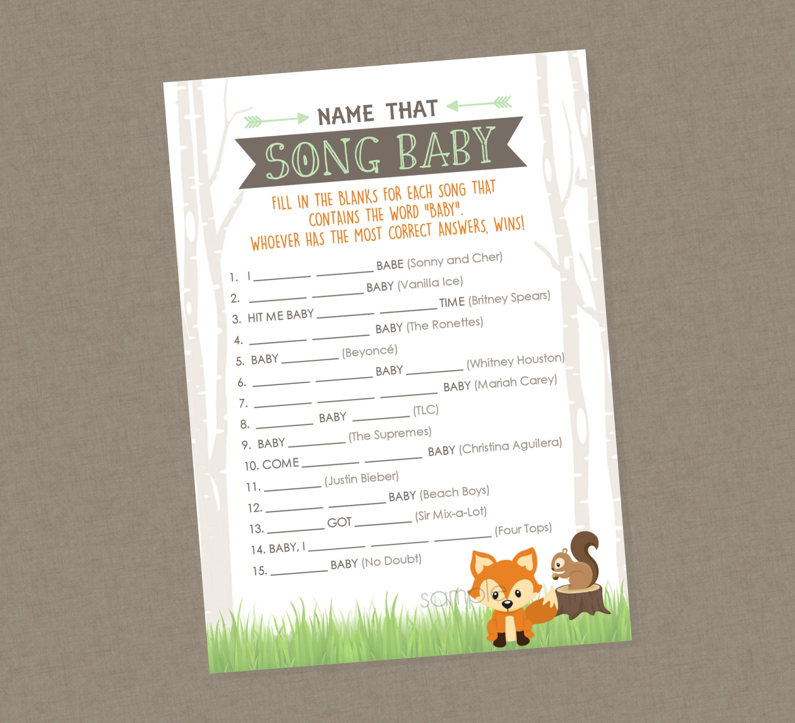 Woodland Name That Song Baby Shower Game - INSTANT DOWNLOAD - Woodland ...