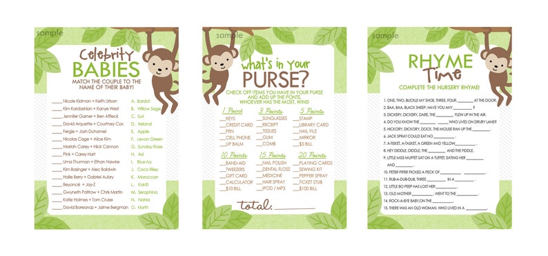 Monkey Baby Shower Game Pack INSTANT DOWNLOAD Jungle - Etsy