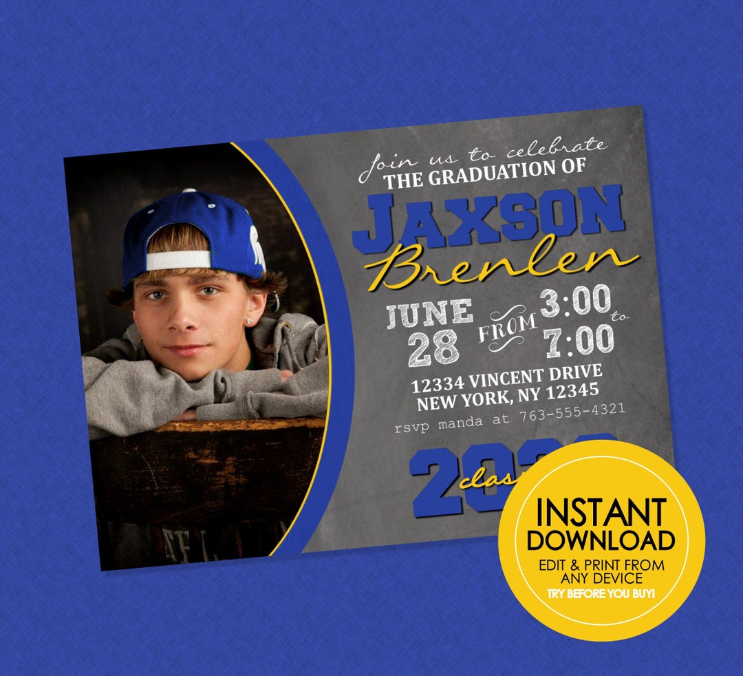 Blue & Gold Graduation Chalkboard Invitations EDITABLE INSTANT DOWNLOAD ...
