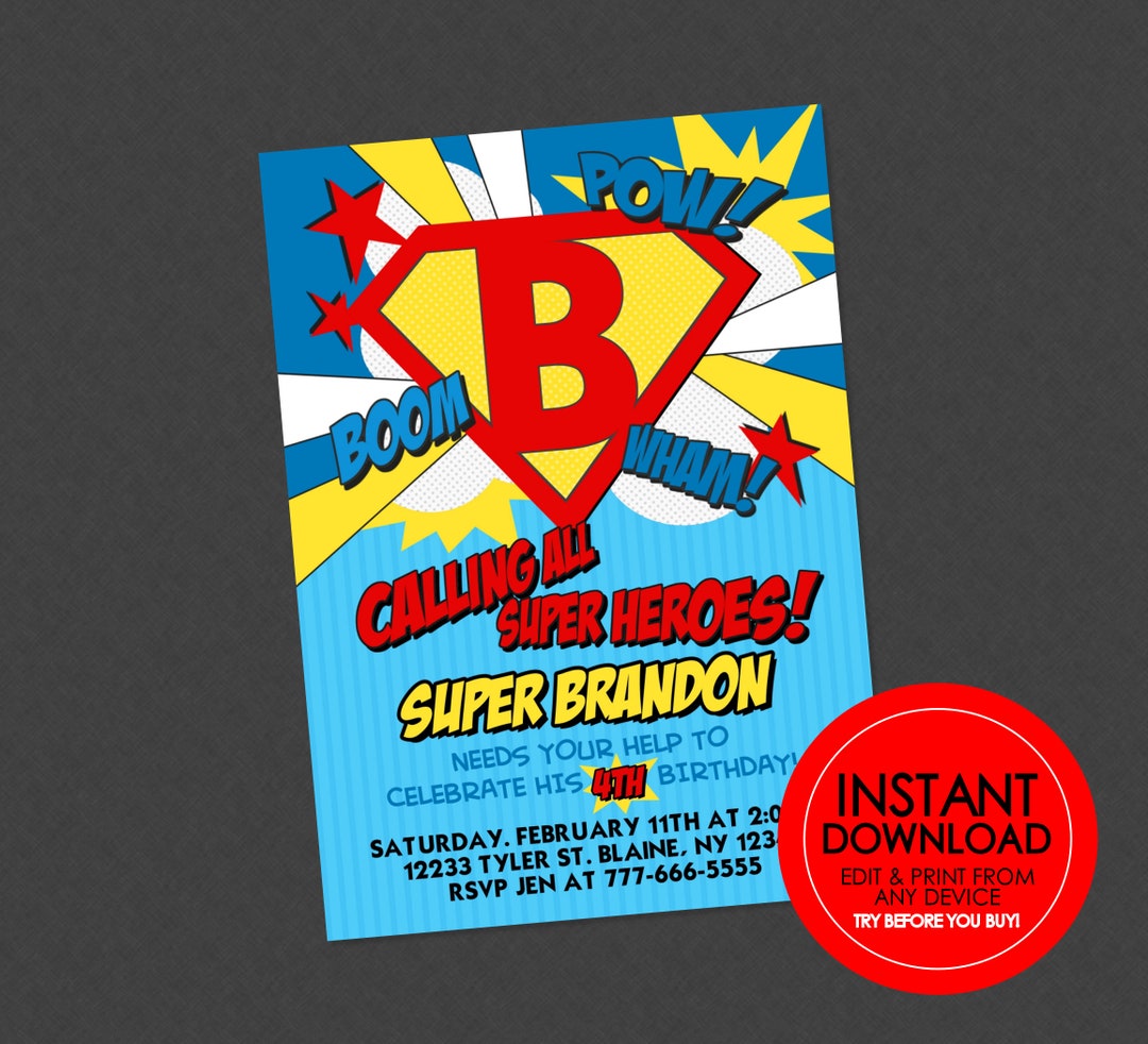 Superhero Birthday Invites - EDITABLE INSTANT DOWNLOAD - Superhero ...