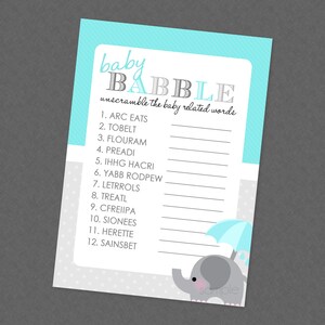 Elephant Baby Word Unscramble Shower Game - INSTANT DOWNLOAD - Elephant ...
