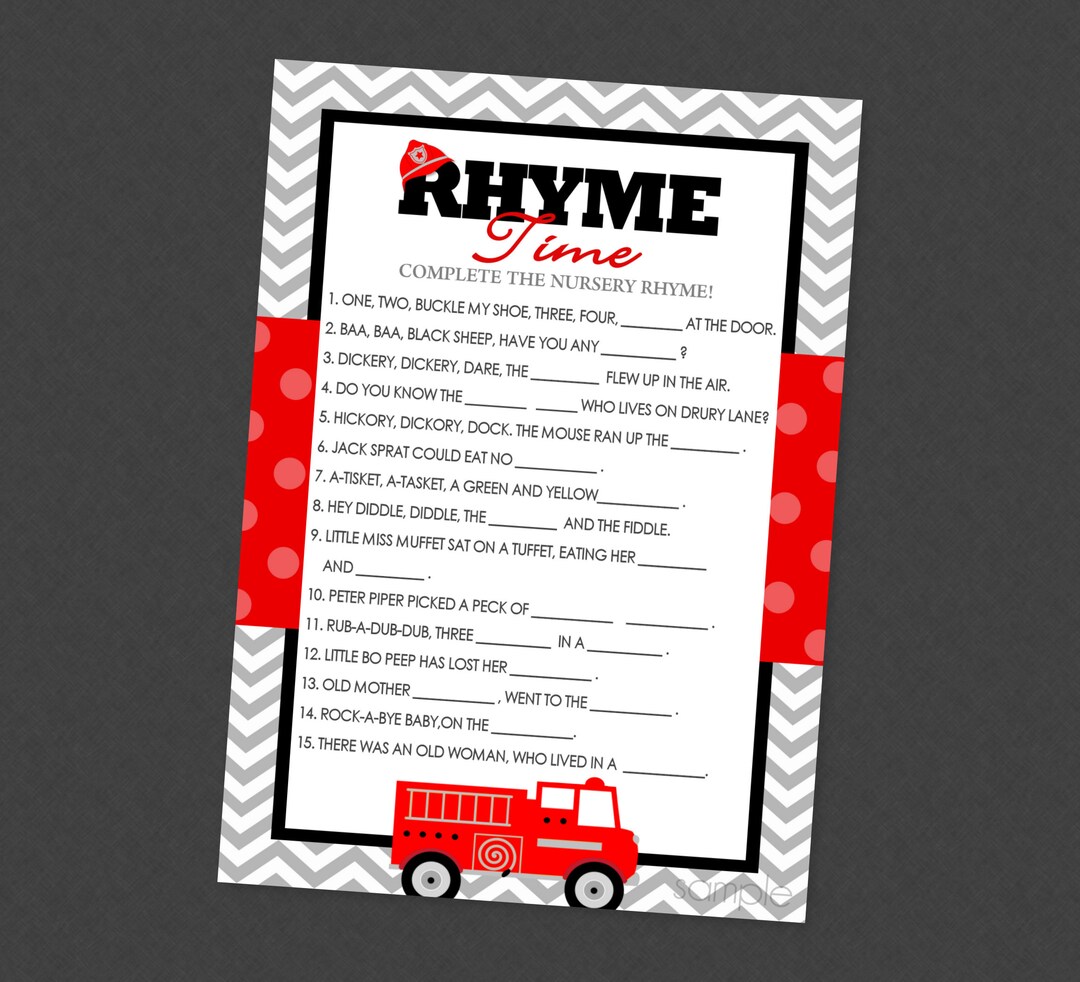 Firetruck Nursery Rhyme Shower Game - INSTANT DOWNLOAD - Firetruck Baby ...