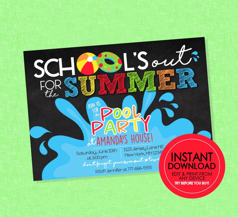 Summer Pool Party Chalkboard Invitation EDITABLE INSTANT - Etsy