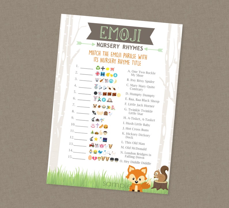 Woodland Emoji Nursery Rhyme Match Game - INSTANT DOWNLOAD - Woodland ...