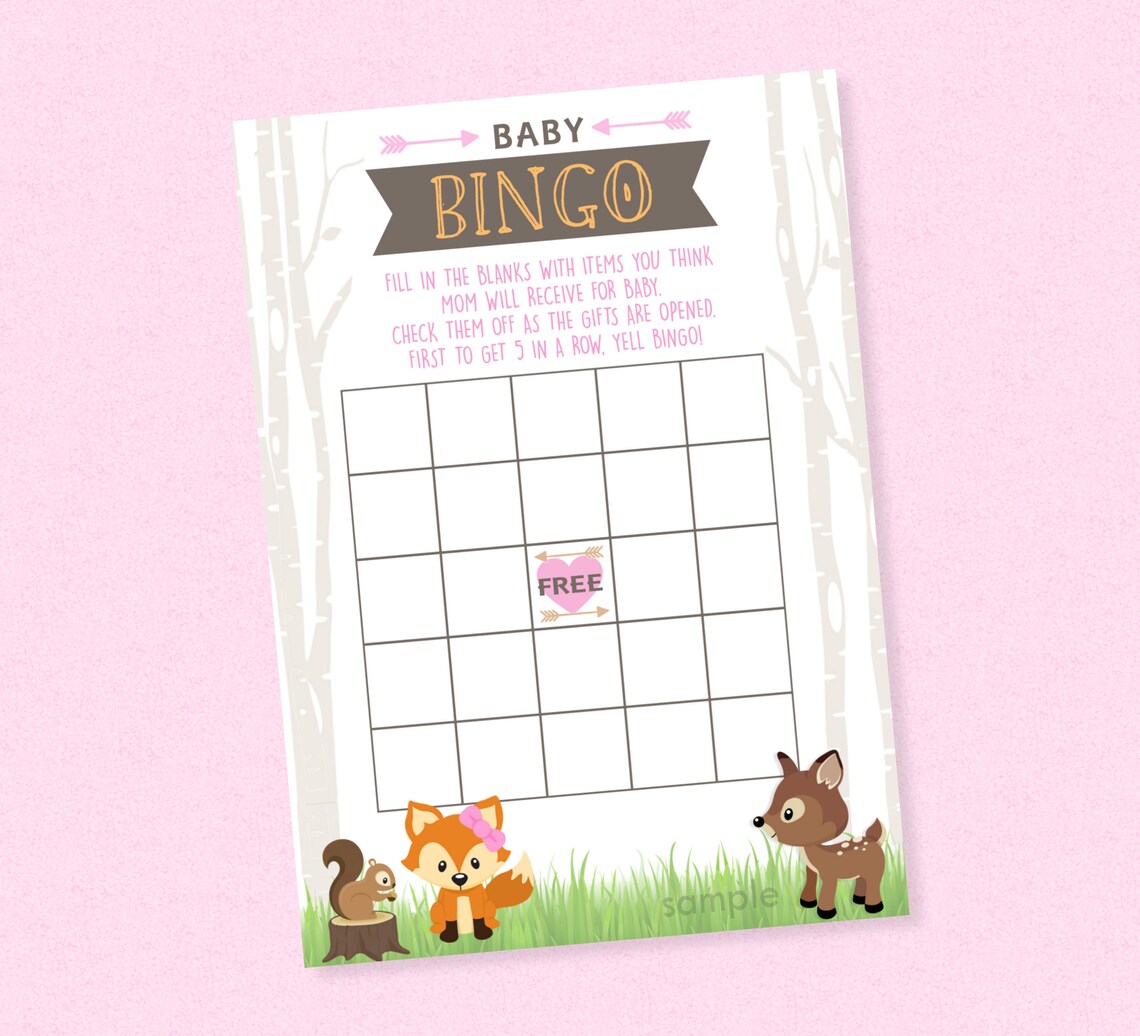 Pink Woodland Baby Shower Bingo - INSTANT DOWNLOAD - Woodland Shower ...