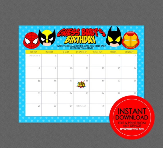 Superhero Printable Calendar