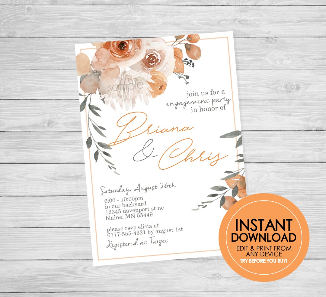 Orange Floral Party Invitation EDITABLE INSTANT DOWNLOAD Orange Wedding ...