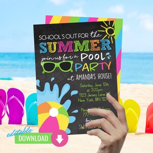 School is Out Summer Pool Party Chalkboard Invitation, Pool Party ...