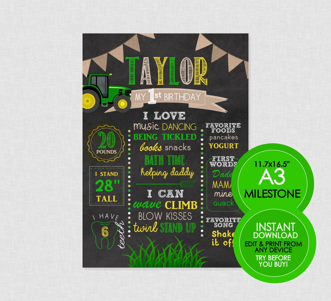 Tractor Birthday Milestone Chalkboard - EDITABLE INSTANT DOWNLOAD ...