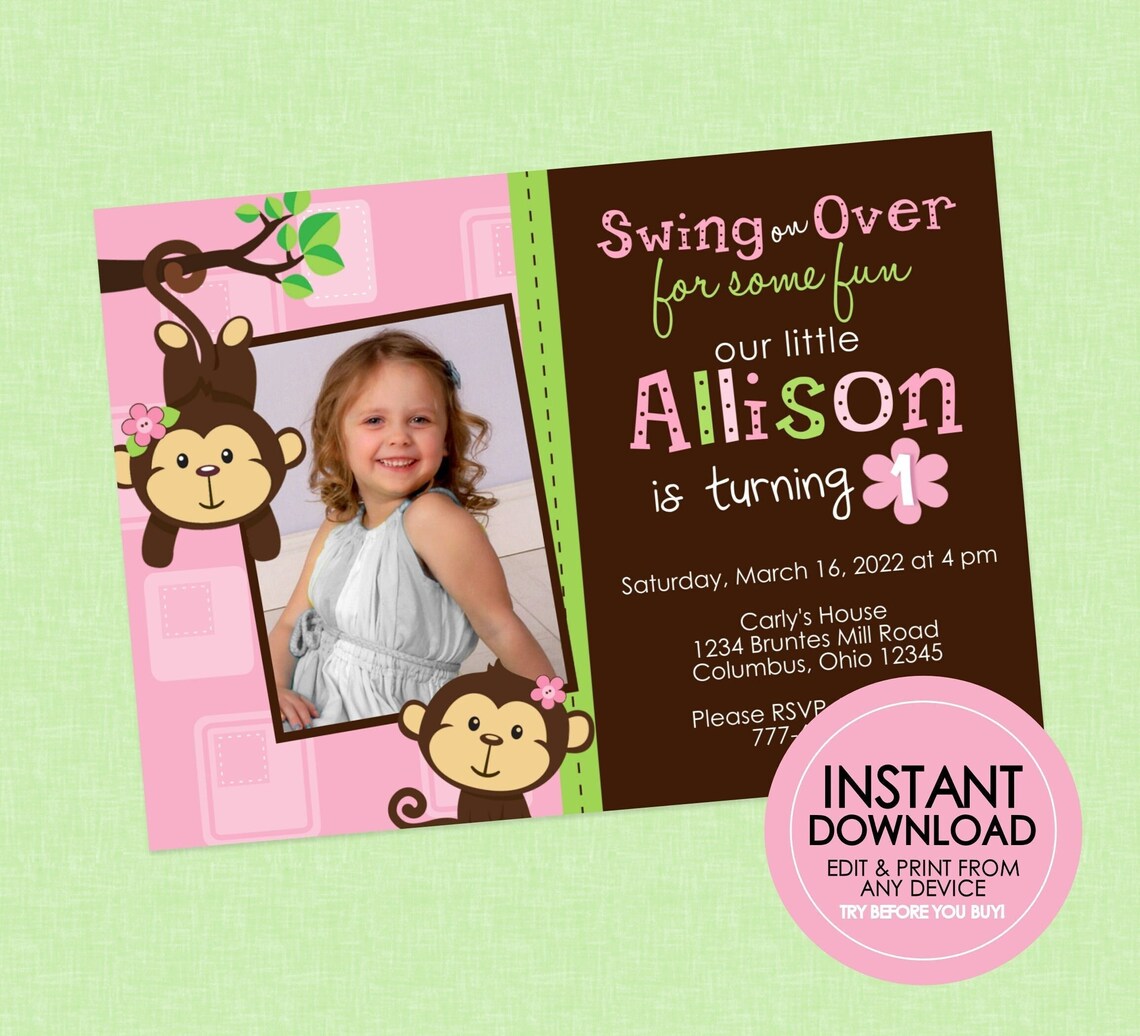 Monkey Girl Birthday Picture Invitation EDITABLE INSTANT | Etsy