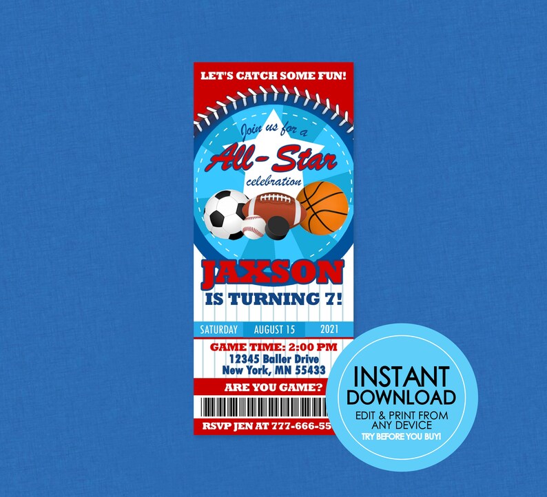Sports All Star Ticket Invite - EDITABLE INSTANT DOWNLOAD - Sports ...