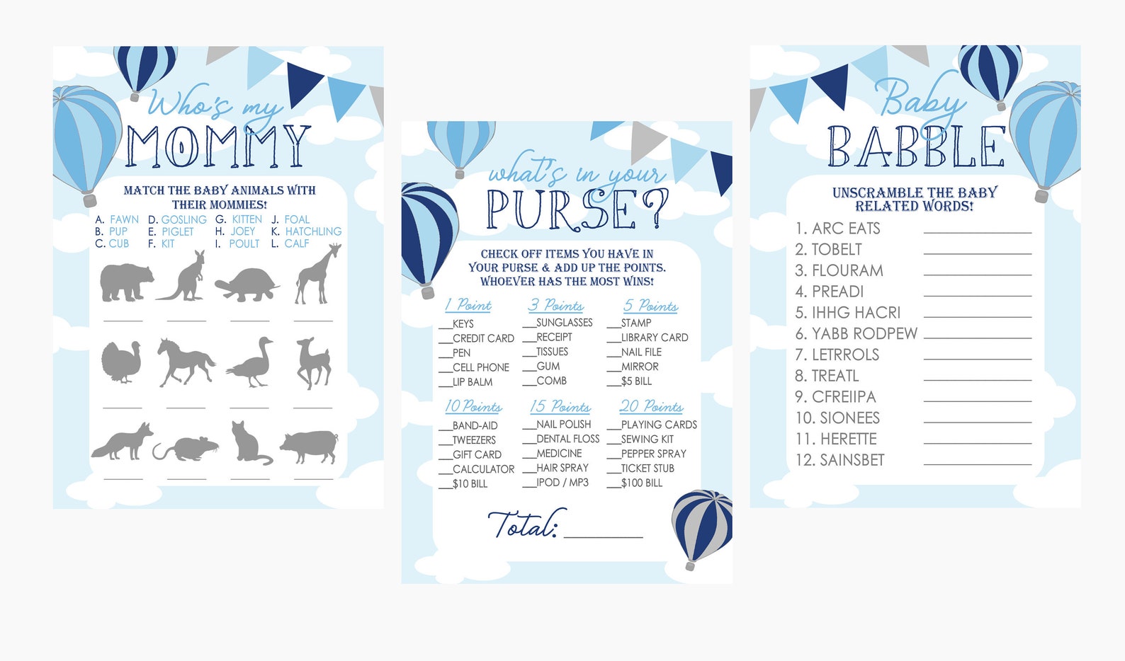 Blue Balloon Baby Shower Game Pack - INSTANT DOWNLOAD - Balloon Shower ...