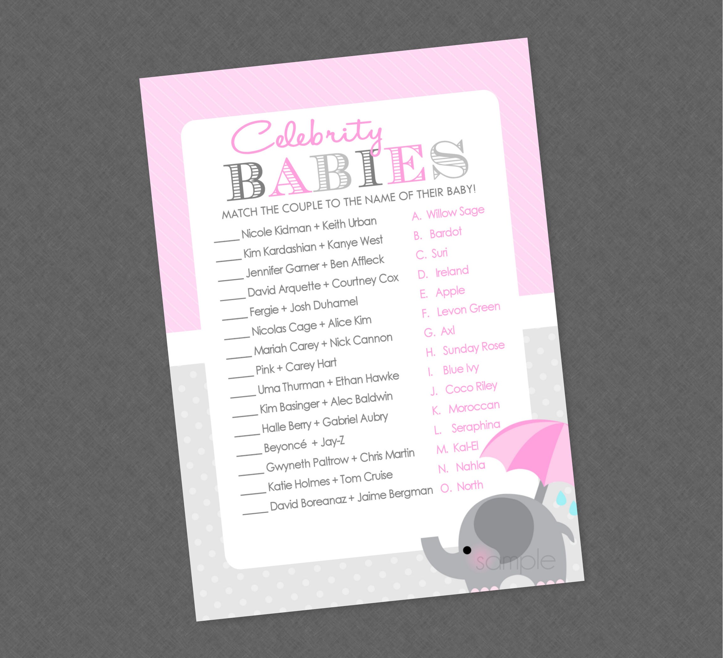 Elephant Celebrity Babies Shower Game INSTANT DOWNLOAD Elephant Baby ...