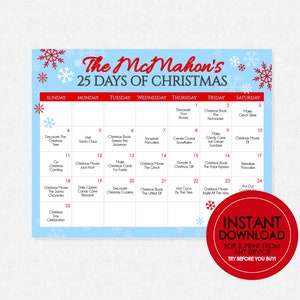 25 Days of Christmas Activity Calendar EDITABLE INSTANT - Etsy
