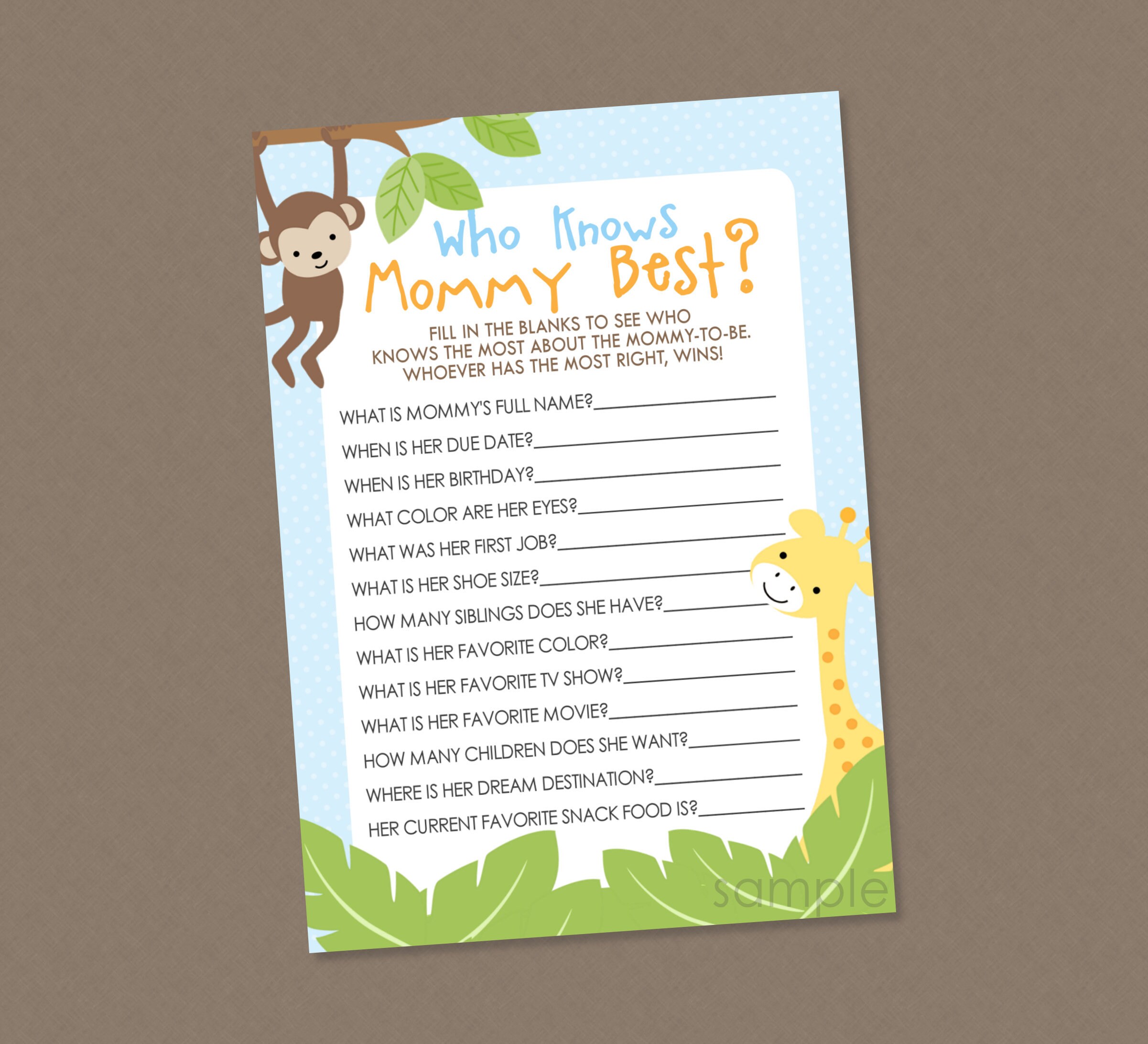 Who Knows Mommy Best Baby Shower Game - INSTANT DOWNLOAD - Jungle Baby ...
