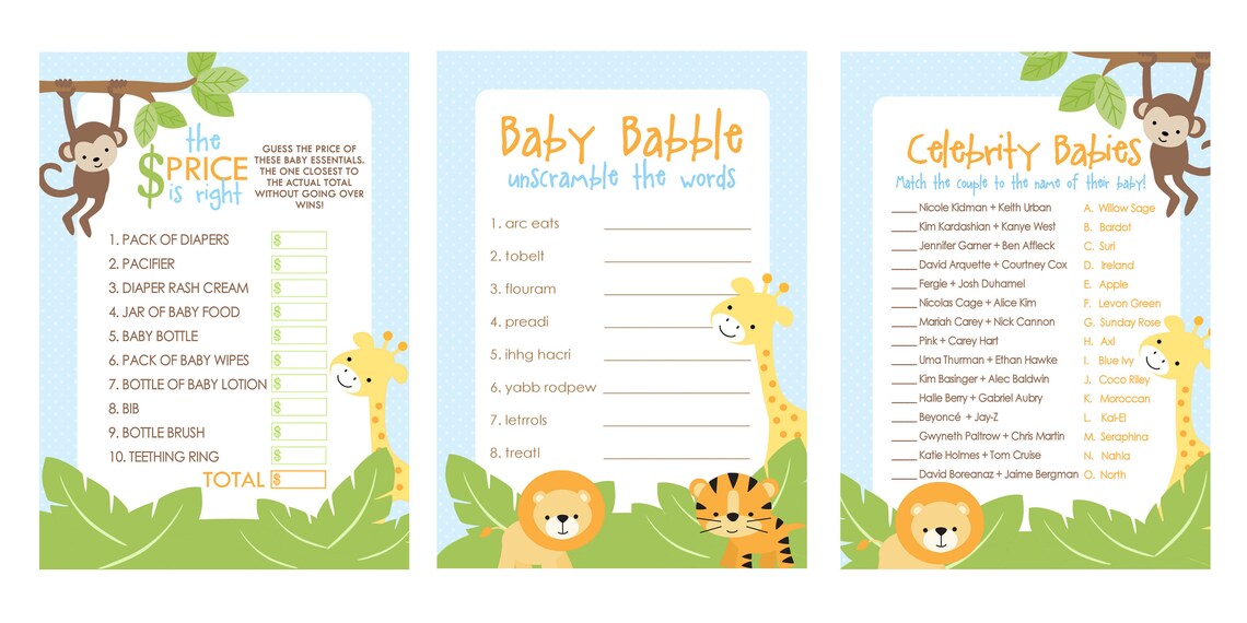 Safari Baby Shower Game Pack - INSTANT DOWNLOAD - Jungle Baby Shower ...