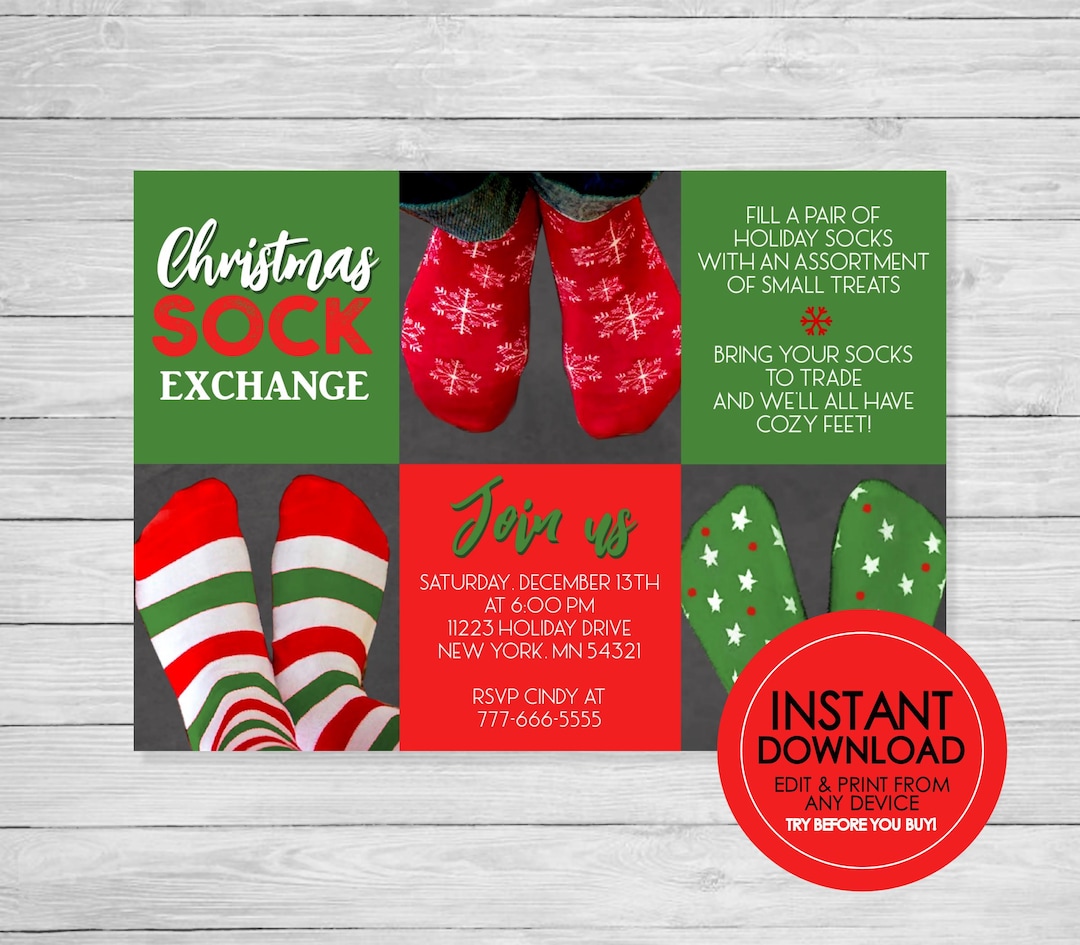 Christmas Sock Exchange Invitation EDITABLE INSTANT DOWNLOAD Holiday ...