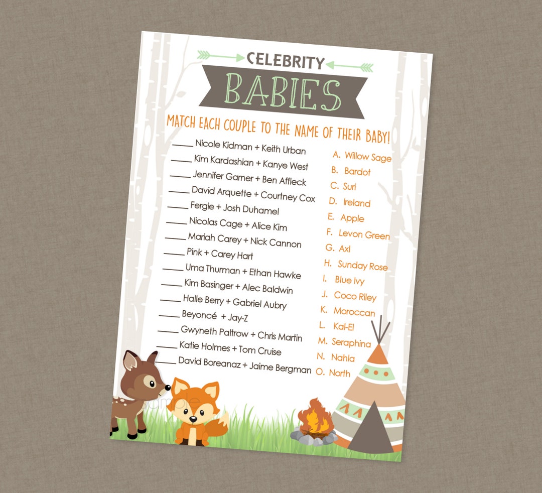 Woodland Celebrity Babies Shower Game - INSTANT DOWNLOAD- Woodland ...