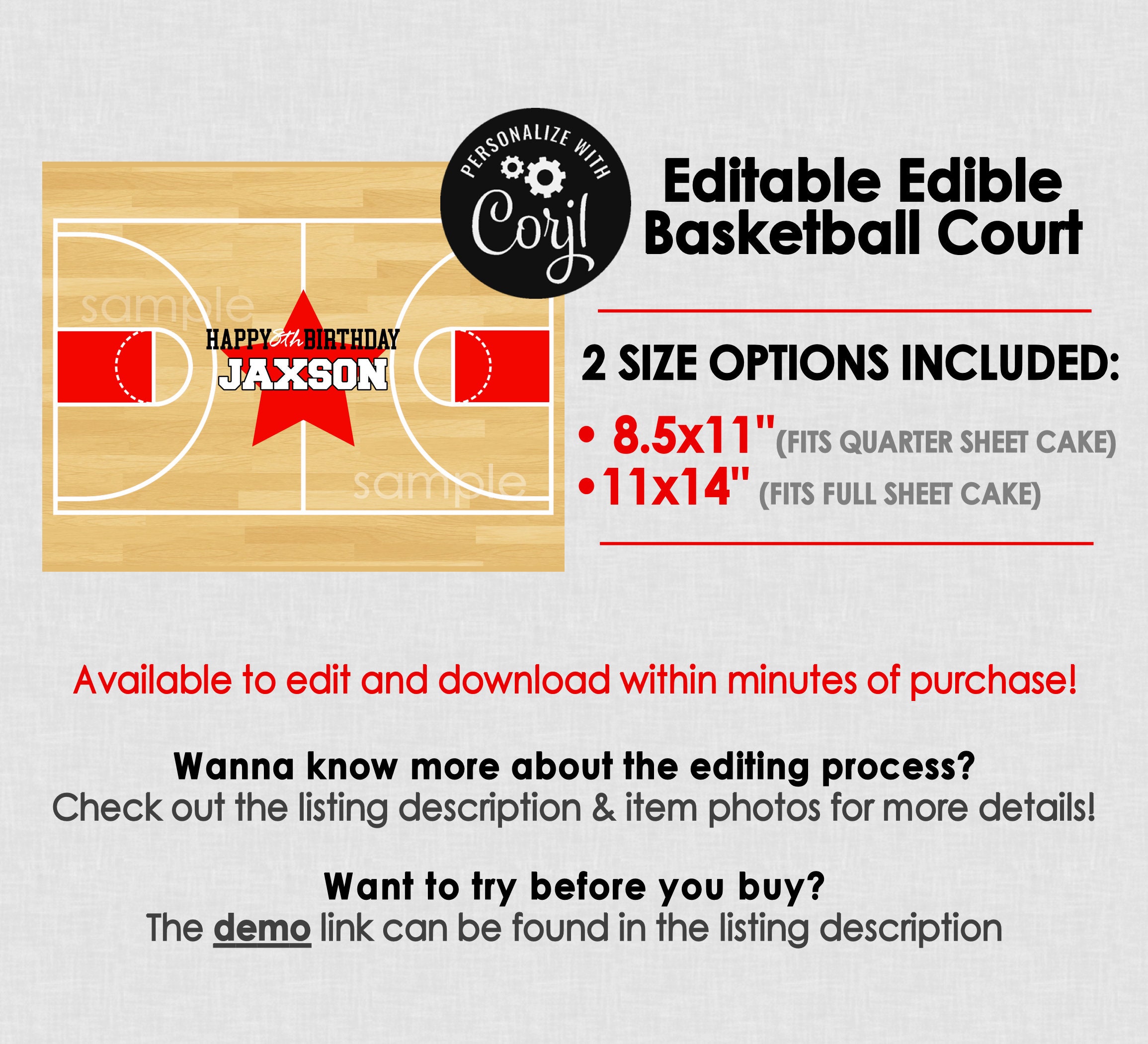 Editable Edible Basketball Court Personalized Birthday Cake Topper ...