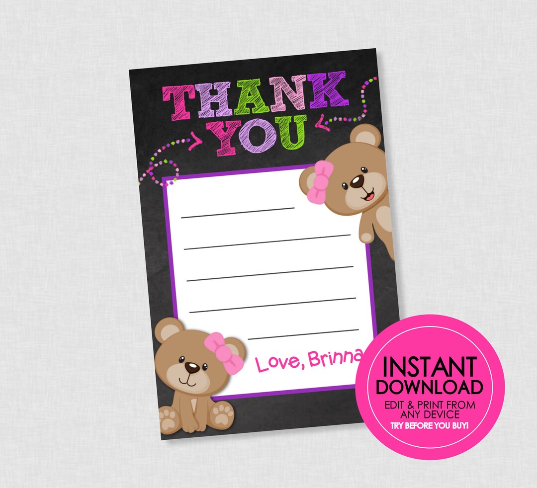 Girl Teddy Bear Thank You - EDITABLE INSTANT DOWNLOAD - Bear Thank You ...
