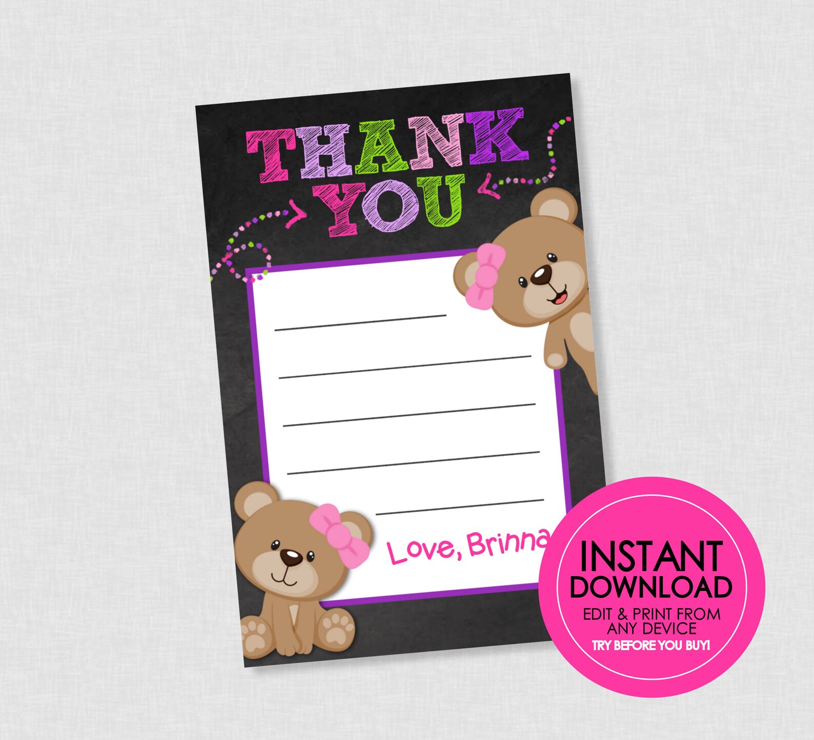 Girl Teddy Bear Thank You - EDITABLE INSTANT DOWNLOAD - Bear Thank You ...