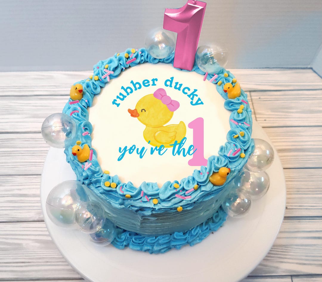 Edible Rubber Duck Birthday Round Cake Topper Sugar Sheet - Duck 1st ...