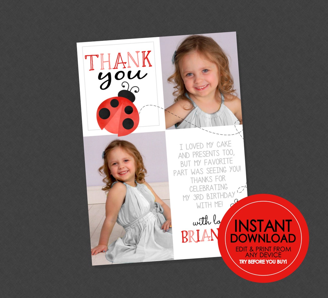 Lady Bug Photo Thank You EDITABLE INSTANT DOWNLOAD Lady Bug Birthday ...