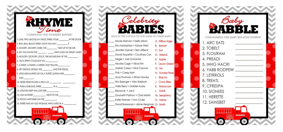 Firetruck Baby Shower Game Pack INSTANT DOWNLOAD Fire | Etsy
