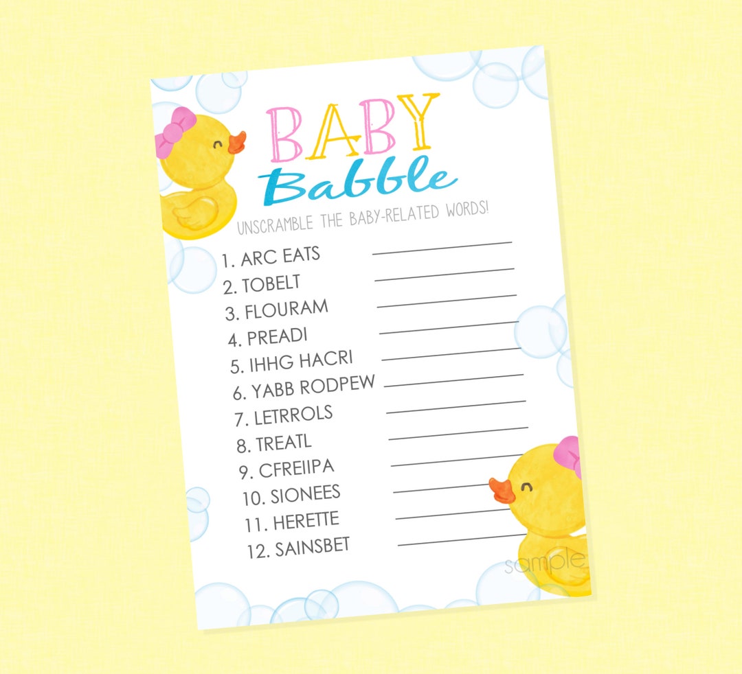 Girl Rubber Duck Word Unscramble Baby Shower Game - INSTANT DOWNLOAD ...