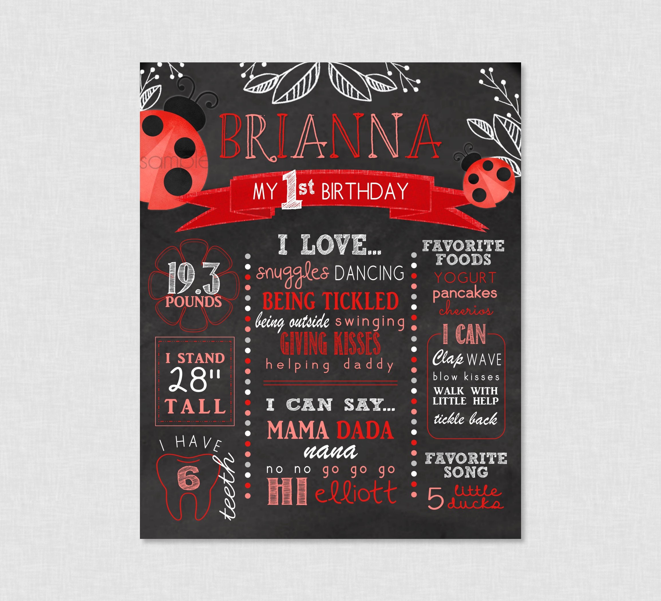 Ladybug Birthday Milestone Chalkboard - EDITABLE INSTANT DOWNLOAD ...
