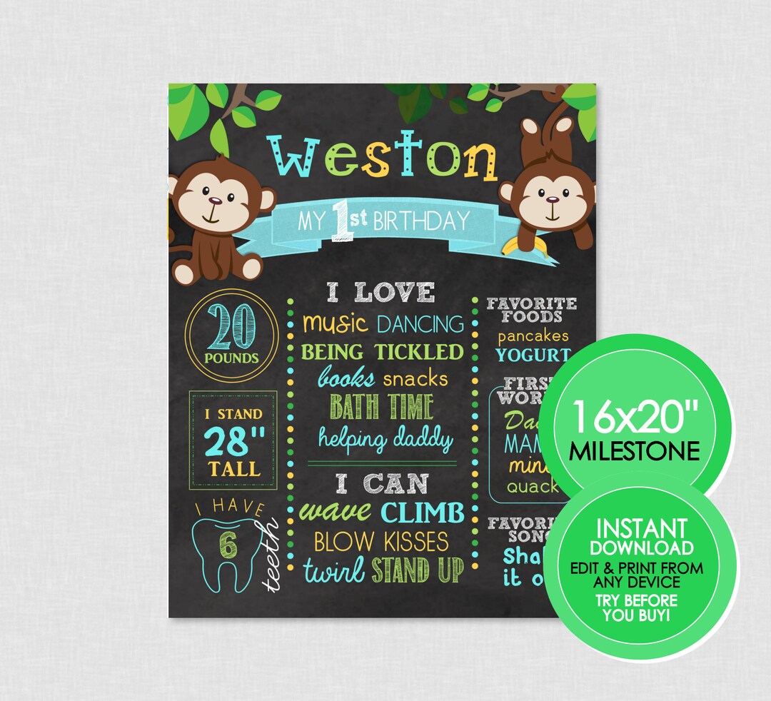 Monkey Birthday Milestone Chalkboard - EDITABLE INSTANT DOWNLOAD ...