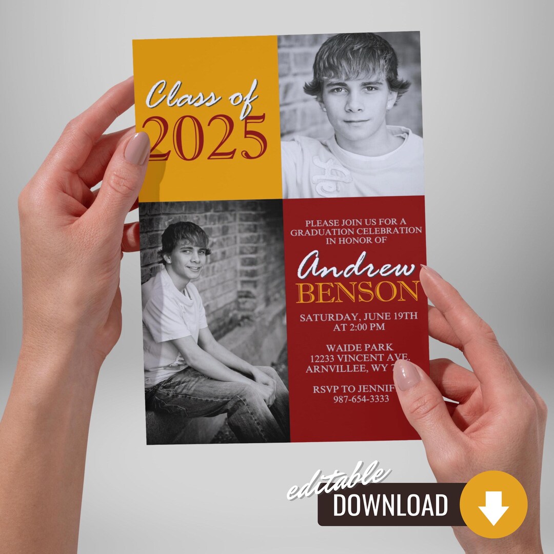 Maroon & Gold Graduation Photo Invitations | EDITABLE INSTANT DOWNLOAD ...