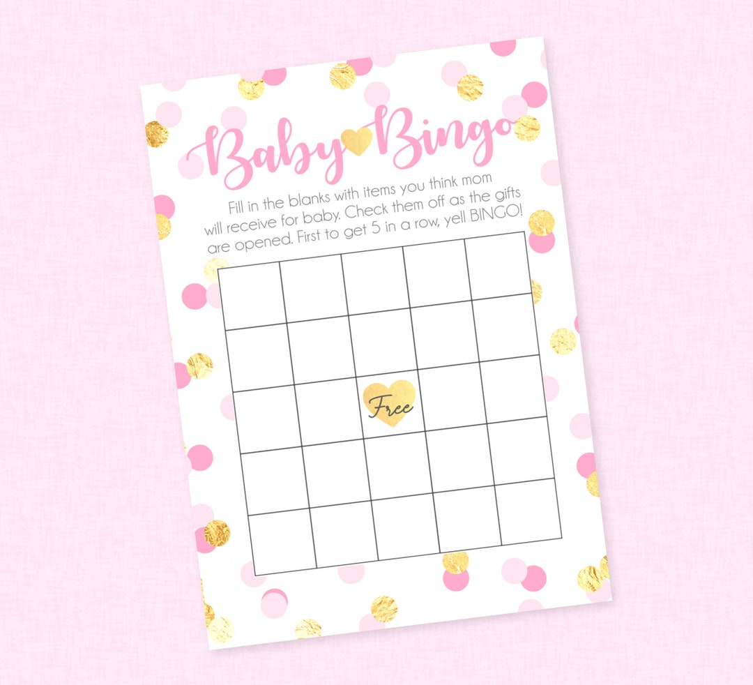 Pink & Gold Confetti Baby Shower Bingo - INSTANT DOWNLOAD - Baby Girl ...