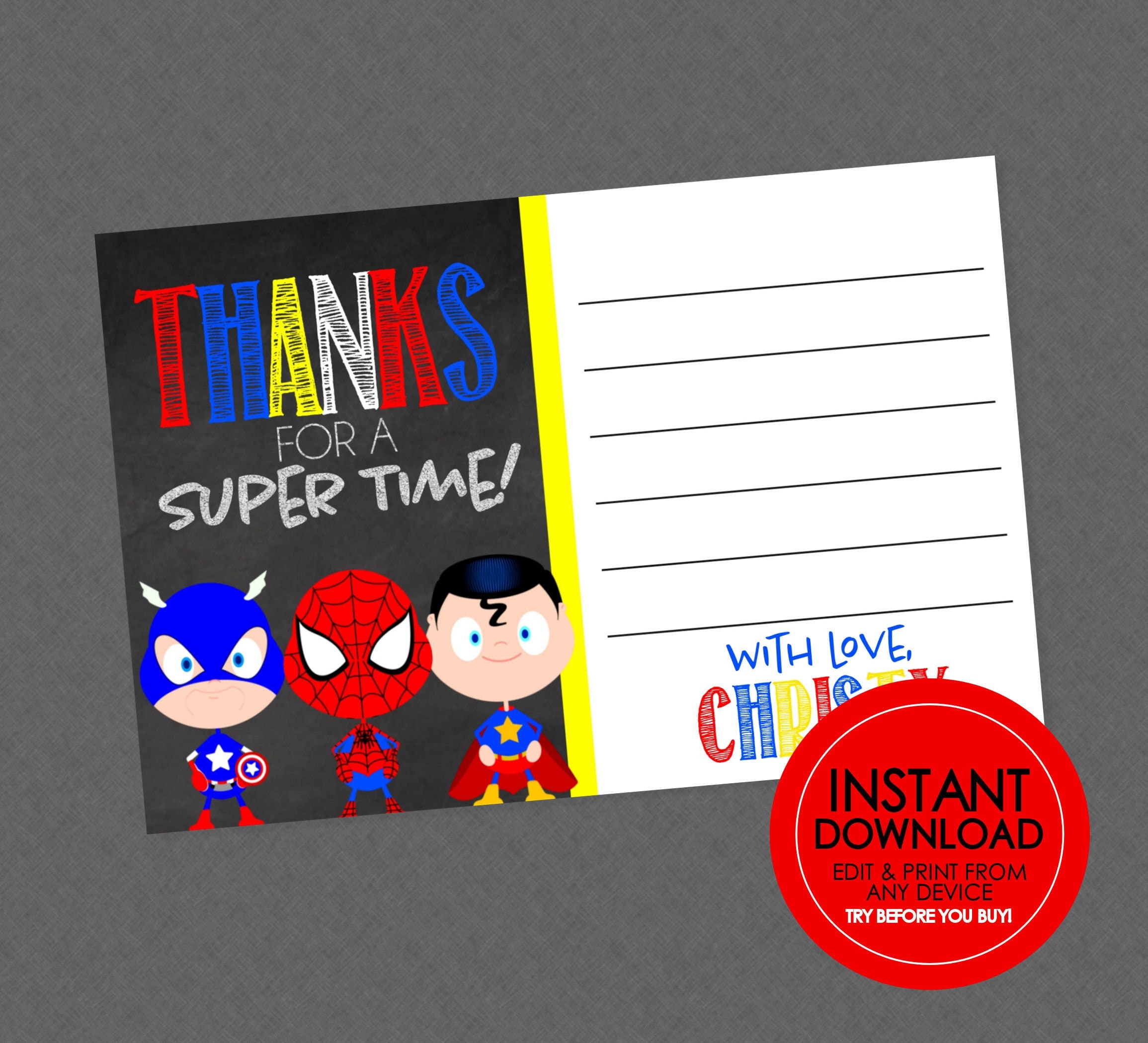 Superhero Thank You Note - EDITABLE INSTANT DOWNLOAD - Superhero Thank ...