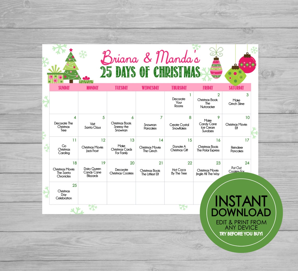 25 Days of Christmas Activity Calendar EDITABLE INSTANT - Etsy