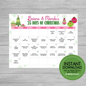 25 Days of Christmas Activity Calendar EDITABLE INSTANT DOWNLOAD ...