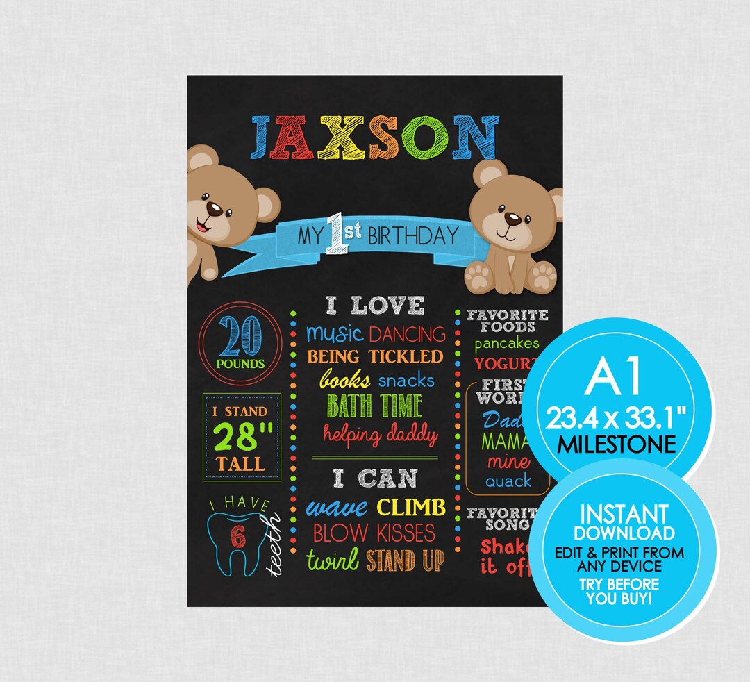 Teddy Bear Birthday Milestone Chalkboard - A1 - EDITABLE INSTANT ...