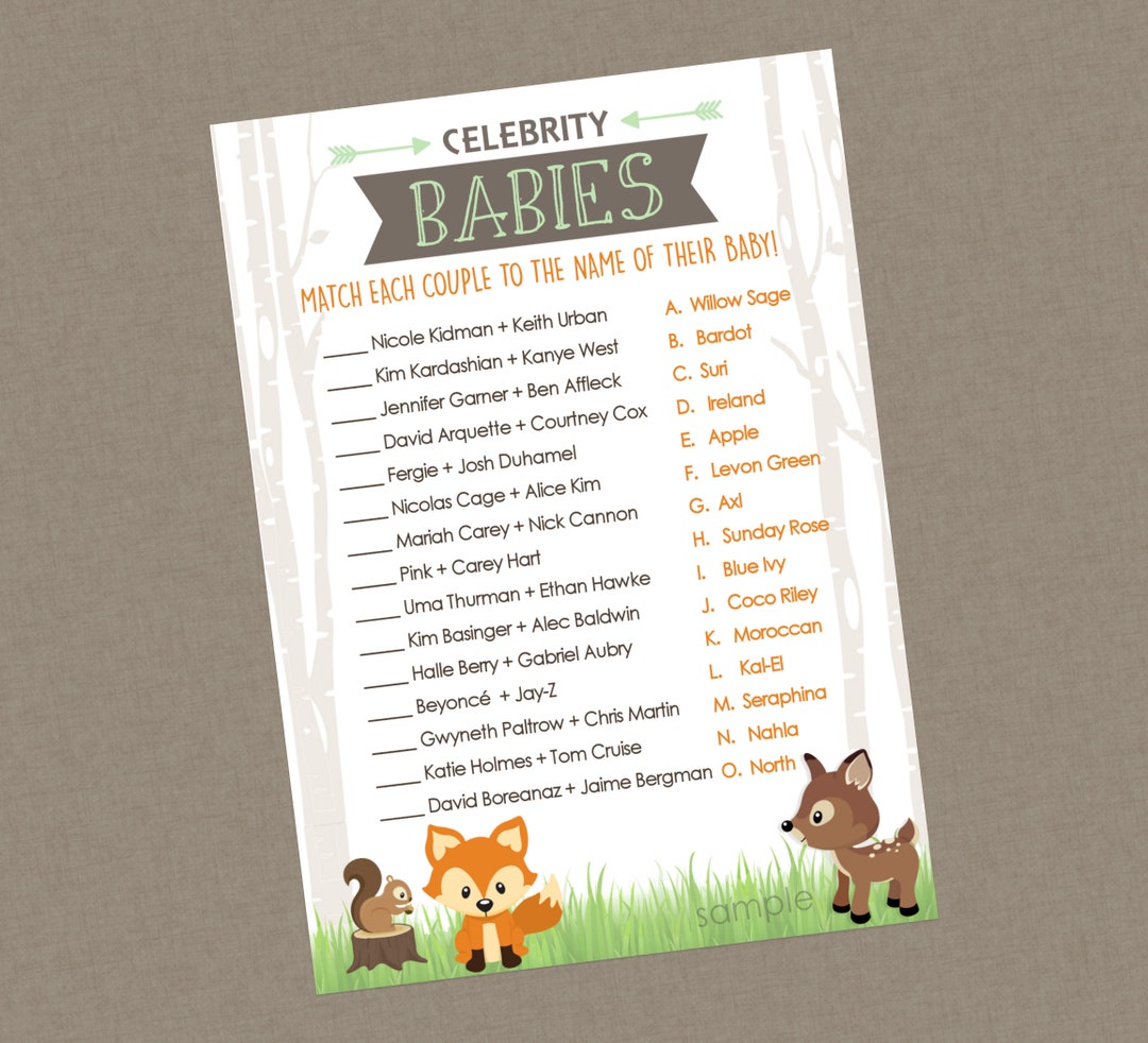 Woodland Celebrity Babies Shower Game - INSTANT DOWNLOAD - Woodland ...