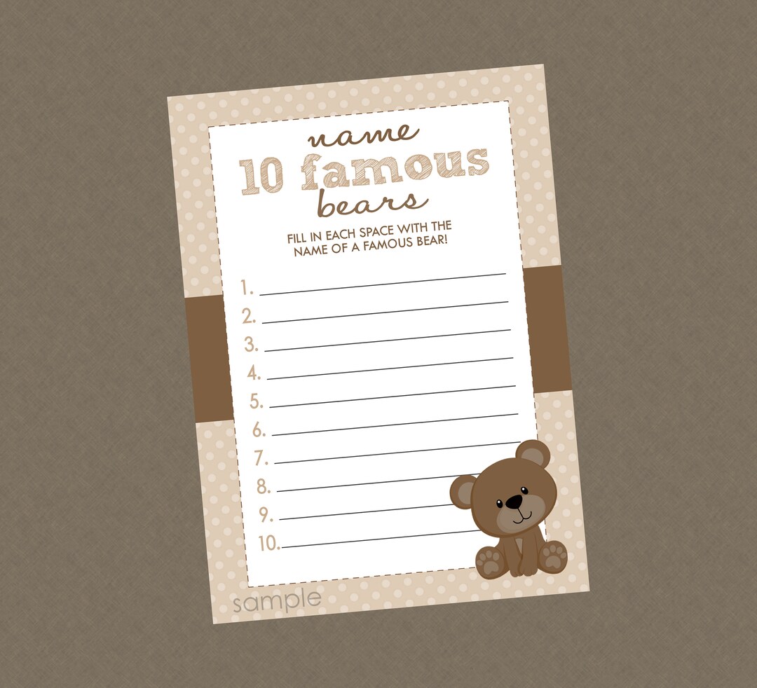 Name 10 Famous Bears Shower Game - INSTANT DOWNLOAD - Teddy Bear Baby ...
