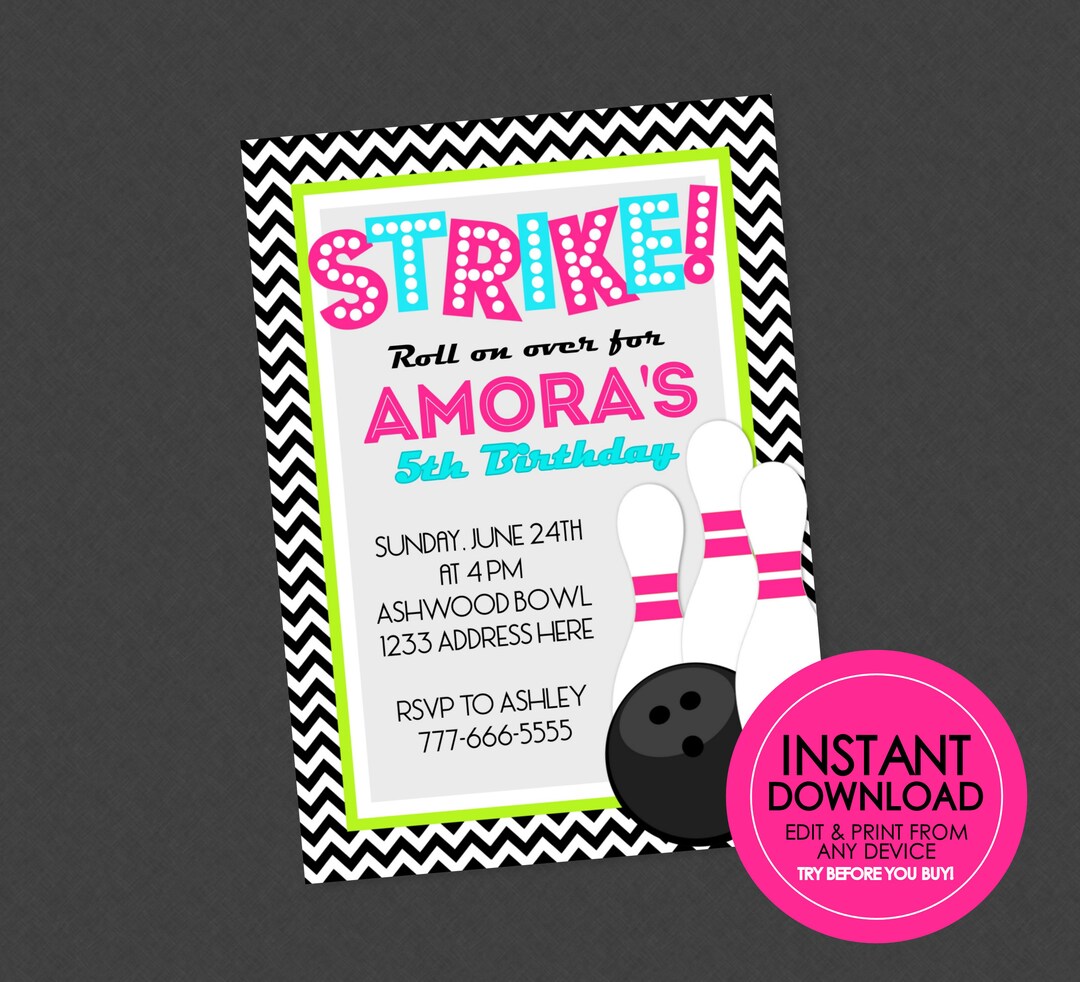 Girl Bowling Birthday Invitation - EDITABLE INSTANT DOWNLOAD - Bowling ...