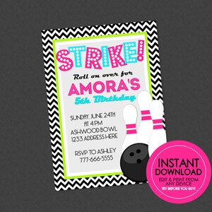 Girl Bowling Birthday Invitation - EDITABLE INSTANT DOWNLOAD - Bowling ...