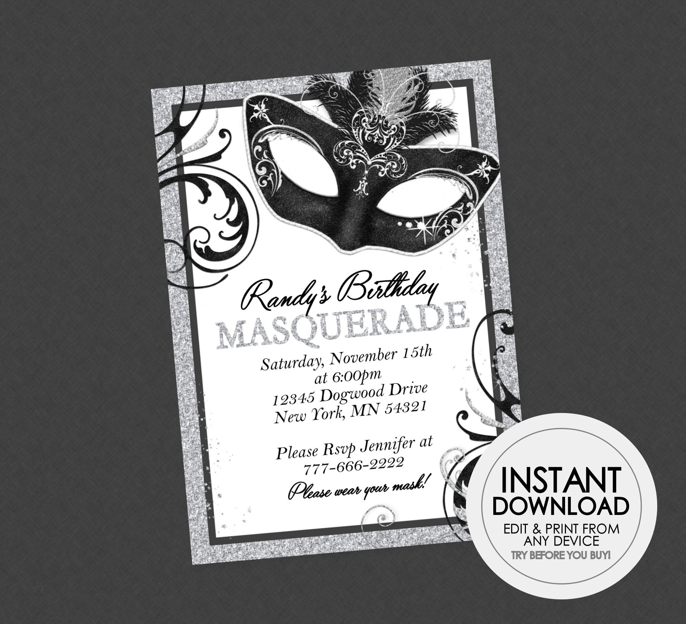 Masquerade Party Invitation INSTANT DOWNLOAD Edit & Print - Etsy