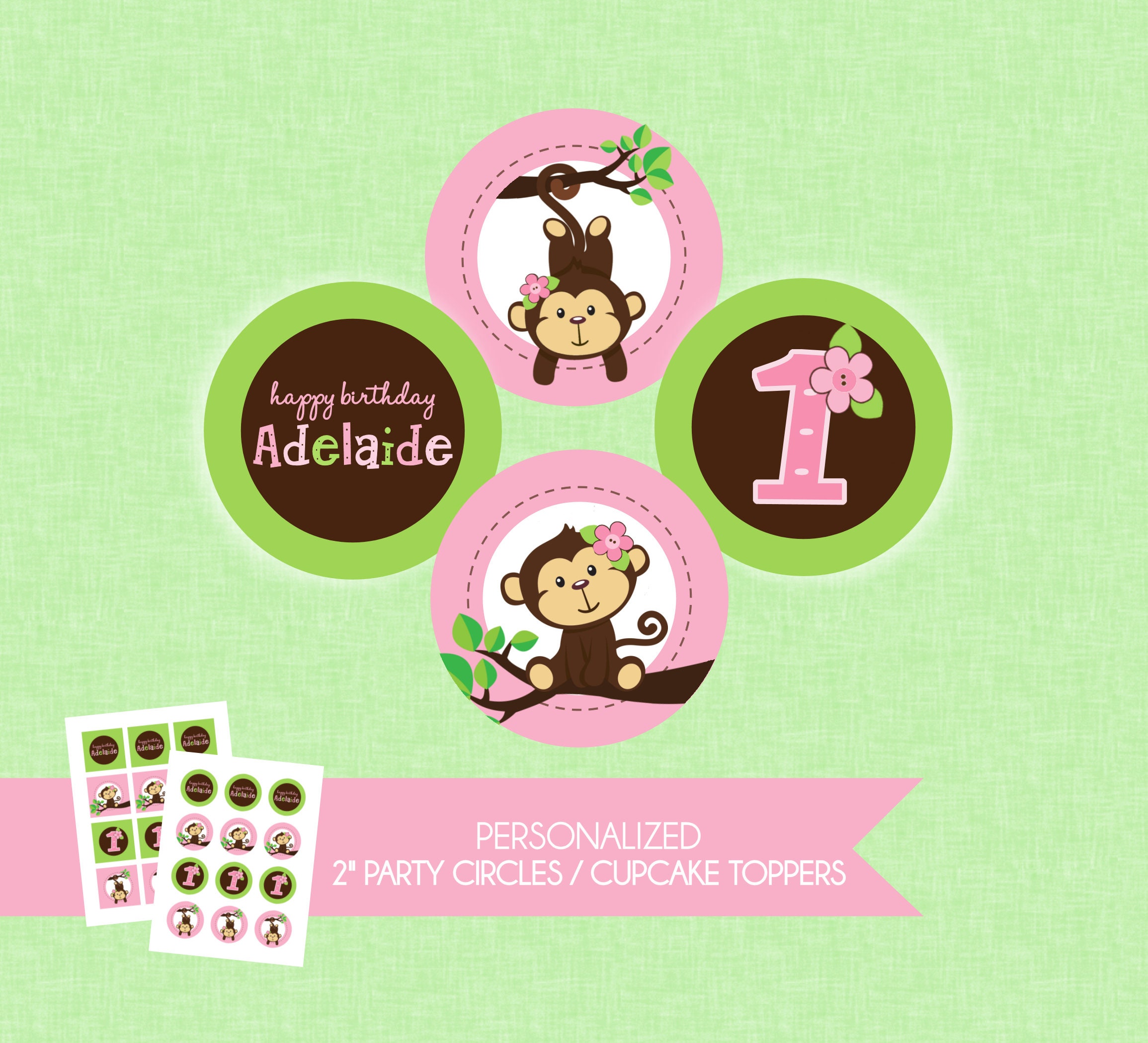 Girl Monkey Birthday Cupcake Toppers / Party Circles, Monkey Girl ...