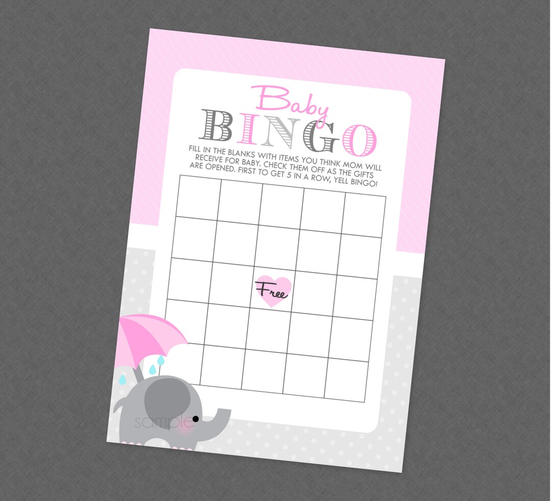 Elephant Baby Shower Bingo INSTANT DOWNLOAD Pink Elephant Shower Games ...