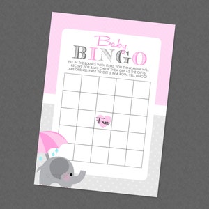 Elephant Baby Shower Bingo INSTANT DOWNLOAD Pink Elephant Shower Games ...