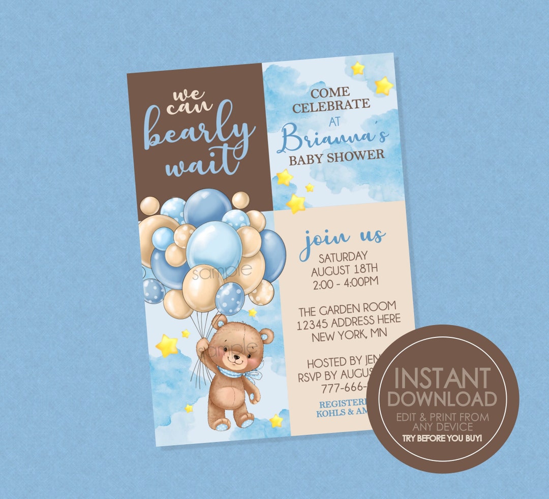 Bearly Wait Baby Shower Invitation - EDITABLE INSTANT DOWNLOAD - Bear ...