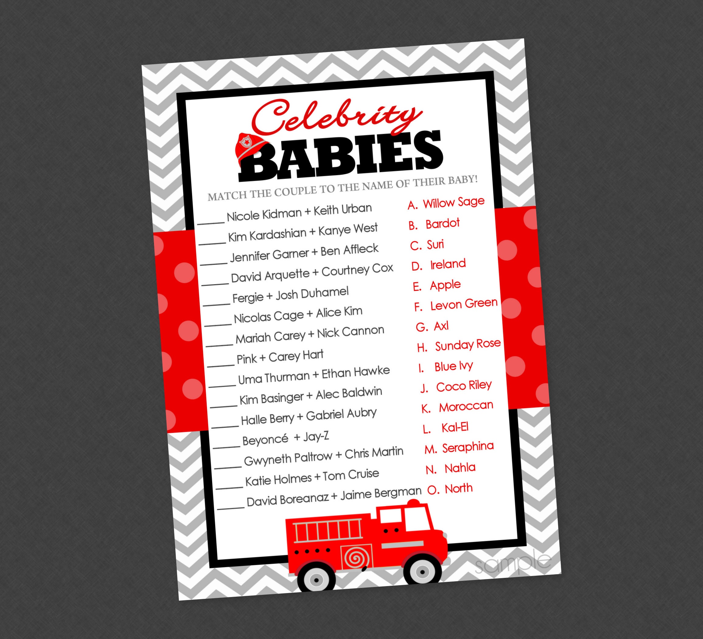 Firetruck Celebrity Babies Shower Game INSTANT DOWNLOAD | Etsy