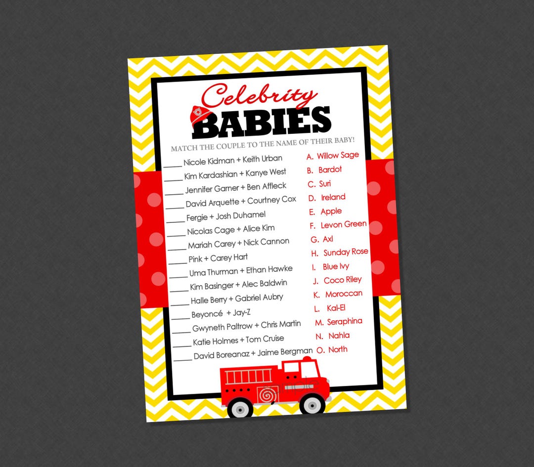 Firetruck Celebrity Babies Shower Game - INSTANT DOWNLOAD- Firetruck ...