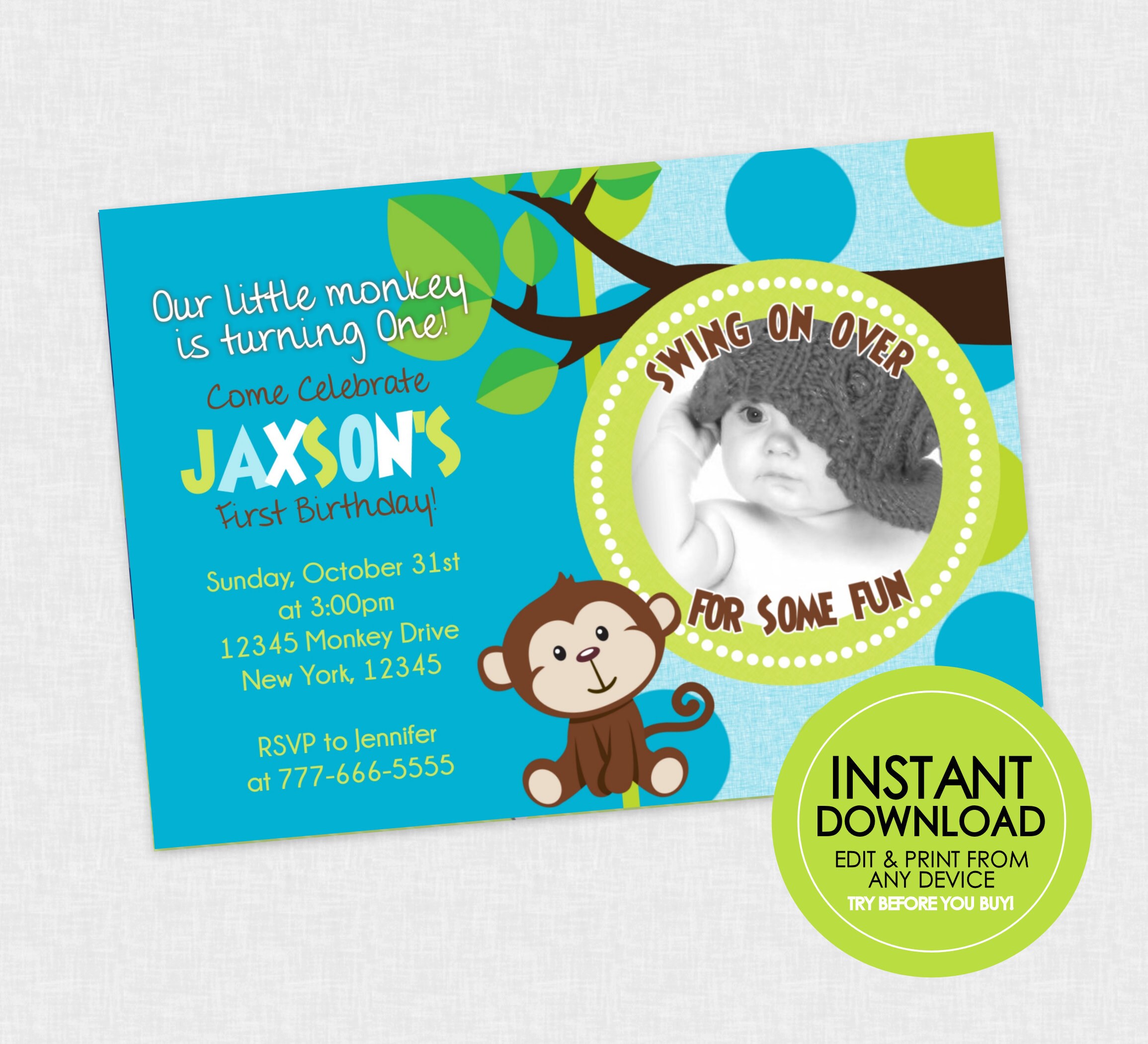 Monkey Birthday Photo Invitation EDITABLE INSTANT DOWNLOAD - Etsy
